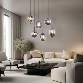 Globo Lighting Pendelleuchte Hängelampe Deckenleuchte Esszimmerlampe 6-Flammig Glas Rauchfarbe