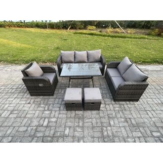 Fimous 8-Sitzer Polyrattan Gartenm&ouml;belset Garten Lounge Set mit Esstisch 2 kleine Fu&szlig;hockern Dunkelgrau Gemischt - Fimous