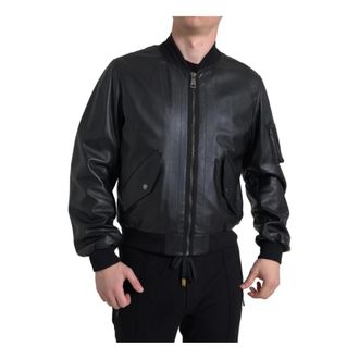 Dolce & Gabbana Schwarze Leder-Bomberjacke - - Jackets - Herren - Schwarzk - XS