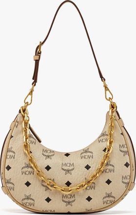 MCM Aren sichelf&ouml;rmige Hobo Bag in Visetos BEIGE+BLACK LOGO VISETOS