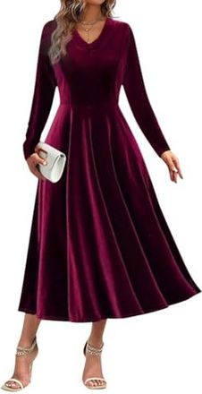 Minetom Femme Automne Hiver Longue Robe Velours Elegant Col en V Manches Longues A-Line L&acirc;che Robe Soir&eacute;e F&ecirc;te Cocktail Robe A Rouge XL