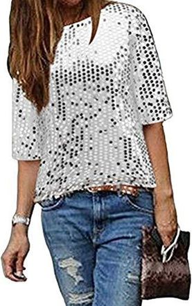 Minetom Femme Chemisier Chic Tops Sexy Blouse T-Shirt Brillant Paillettes Haut Shirt Lâche Manche Courte Fête Haut A Argenté 46