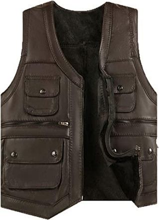Byblos Gilet en Cuir de Fourrure en Peau de Mouton pour Hommes Gilet dhiver Thermique à col en V pour Homme Brown 6 Pockets 5XL