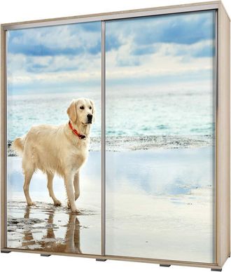 Selsey Hund AM Meer - Kleiderschrank 2-t&uuml;rig Schiebet&uuml;ren mit Labrador- und Strand-Motiv 205cm (Korpus in Sonoma Eiche)