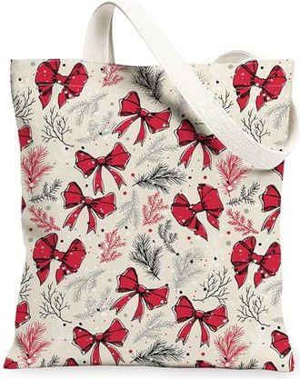 Generic Sac fourre-tout en toile avec noeud de No&euml;l, motif festif, r&eacute;utilisable, vintage, floral, l&eacute;ger, lavable, Rouge, 13x15 Inch