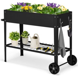 Costway Jardini&egrave;re Sur&eacute;lev&eacute; en M&eacute;tal avec Pieds, Lit de Jardin sur Roulette avec &Eacute;tag&egrave;re de Rangement Trous de Drainage Crochets de Suspension et Poign&eacute;e,Noir