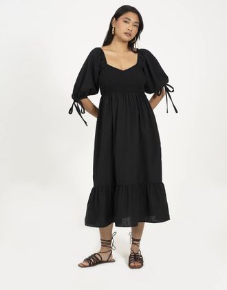 Brave Soul Robe mi-longue &agrave; manches bouffantes et volants - Noir