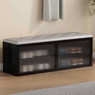 Generic 2-stöckige Aufbewahrungsbank Mit Kissen, 2-türiges Schuhregal, Eingangshocker, 80 X 35 X 45 cm, Schwarz/Weiß(Black)