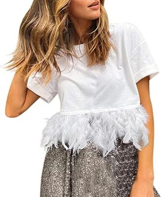 Generic T-shirts tendance &agrave; ourlet plumes pour femme avec bordure en plumes pour sorties, hauts de sport d&eacute;contract&eacute;s 2025, t-shirts courts pour l&eacute;t&eacute;, coupe a