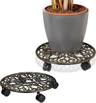 Relaxdays Pflanzenroller, 2er Set, rund, antikes Design, Gusseisen, HxD: 7,5x34 cm, innen & außen, Blumenroller, Bronze