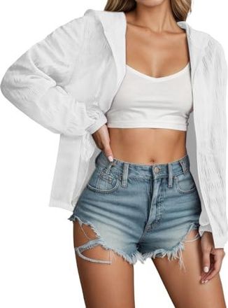 Generic Vestes pour femmes, grande taille, d&eacute;contract&eacute;es, couleur unie, fermeture &eacute;clair, veste de soleil l&eacute;g&egrave;re pour un confort quotidien, blanc, XXL