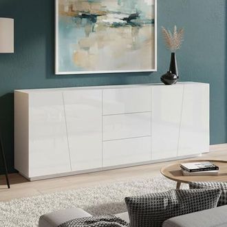 Dmora Kommode Sven, K&uuml;chen-Sideboard mit 4 T&uuml;ren und 3 Schubladen, Wohnzimmer-Buffet, 100 % Made in Italy, 220 x 43 x 86 cm, gl&auml;nzendes Wei&szlig;
