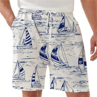 Generic Short de survêtement en lin pour homme - Avec cordon de serrage - Taille élastique - Pantalon de jogging dété - Grande taille - Imprimé décontracté - 