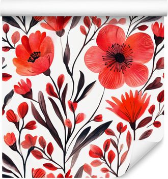 OEM Carta Da Parati Con Fiori E Foglie, Rosso E Corallo, Per Soggiorno E Camera Da Letto, 50x1000 Cm