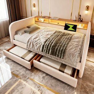 Generic Polsterbett 140x190 cm mit LED & USB-C Ladefunktion - Hellbeige Leinen mit 2 Schubladen & Stauraum-Kopfteil - Tagesbett ohne Matratze (Beige + Linen +