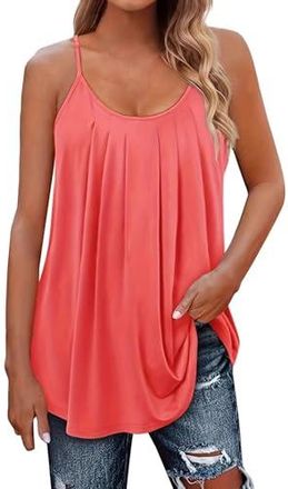 Generic Débardeur fluide à bretelles spaghetti réglables pour femme - Col rond plissé - Débardeur sans manches pour femme - Coupe ample - Style décontracté et
