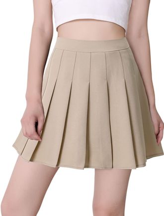 Hoerev Frauen M&auml;dchen Kurze hohe Taille gefaltete Skater Tennis Schule Rock,Solid Beige,EU 40/ XL