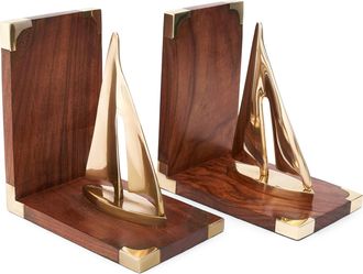NKlaus 1 Paar Maritim Buchstützen Segler 16x10x17cm Messing Gold und Holz für stilvolle Büro- oder Wohnzimmer-Dekoration 11524