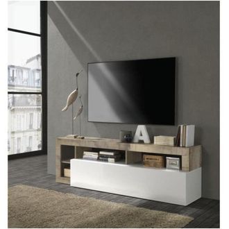 Les Tendances Les Tendances - Meuble tv sefro - 1 porte et 4 niches - Blanc laqu&eacute; et ch&ecirc;ne