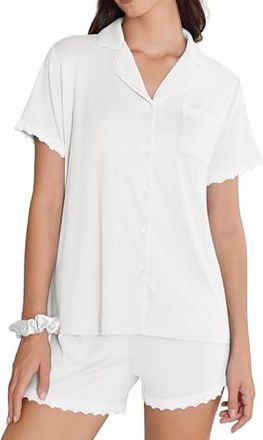 Ekouaer Pyjama Femme Court Vêtements de Nuit Été Boutons Ensemble de Pyjama Manches Courtes, Blanc XXL