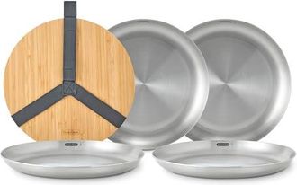 Black + Blum Set de 4 Assiettes en Acier Inoxydable - Planche à Découper/Couvercle en Bambou - Sangle de Transport - Accessoire Randonnée - Conception Ingénieuse -