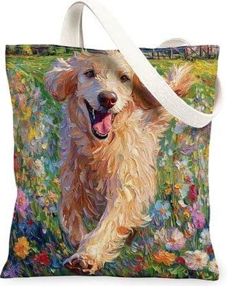 Generic Sac fourre-tout en toile motif chien de l&eacute;vrier afghan printanier 33 x 38,1 cm, sac d&eacute;picerie r&eacute;utilisable pour femme, motif floral amusant pour anima