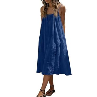 Generic Robes de vacances pour femmes, robe d&eacute;t&eacute; mi-longue, style boh&egrave;me, robe de tous les jours en m&eacute;lange de coton doux avec poches, robe d&eacute;t&eacute; fluide sans m