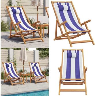 vidaXL Strandstuhl Klappbar Blau Weiß Massivholz Eukalyptus und Stoff - Holzmöbel - Gartenstuhl - Lounge Chair - Sonnenliegen - Outdoor Möbel - Home & Living