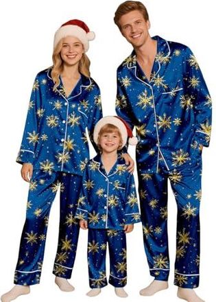 Generic Pyjama de Noël en soie assorti pour la famille - Pyjama de Noël en satin - Bonhomme de neige - Chemises et pantalons boutonnés, bleu, S