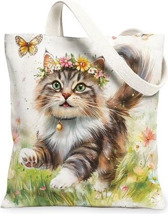 Generic Sac fourre-tout en toile motif chats sib&eacute;riens printaniers 33 x 38 cm, motif papillons amusants, sac d&eacute;picerie r&eacute;utilisable pour femme, animal domesti