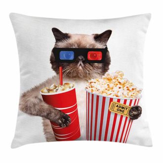 Generic Zierkissenbez&uuml;ge Kinokatze Mit Popcorn Und Getr&auml;nk Schaut Film - Unterhaltung Im Kino! Cushion Covers Quadratische Sofakissenbez&uuml;ge Weich Throw Pillow