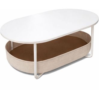 Relaxdays Relaxdays Couchtisch, mit Stoffkorb, oval, Beistelltisch mit Stauraum, HxBxT: 55x100x45 cm, MDF & Eisen, wei&szlig;-beige