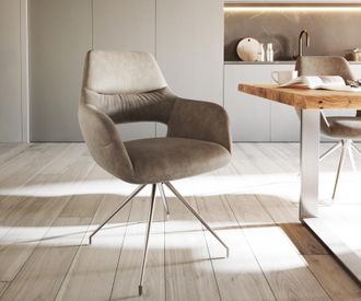 DELIFE Esszimmerstuhl Yago-Flex mit Armlehnen Mikrofaser Taupe Vintage Kreuzgestell konisch Edelstahl Taschenfederkern, Esszimmerst&uuml;hle