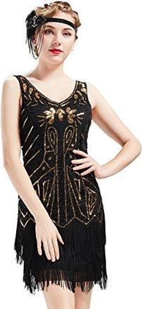Babeyond 1920 Flapper Robe Femme V Cou Robe Perlée Gatsby sans Manche Robe Frangée avec Paillette 1920 Party Fête Bal Soirée Art Déco - Noir Doré 1 - L (UK 16/