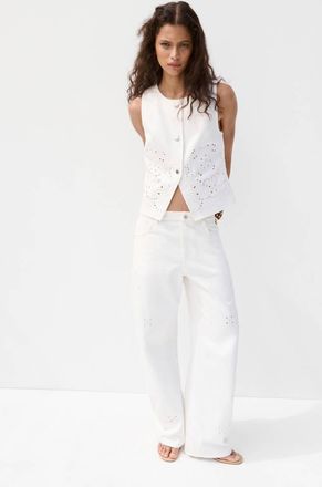 Mango Jean balloon brod&eacute;s ajour&eacute;s blanc - Femme - 32 - MANGO