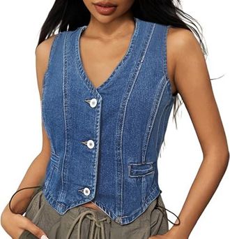 Generic D&eacute;bardeur Femme Maillot De Corps Top Court en Denim sans Manches &eacute;l&eacute;gant pour Femmes en Couleur Unie Parfait pour superposer sur Vos Tenues Estivales 