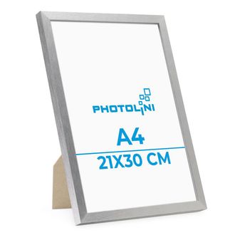 Photolini Bilderrahmen A4 Holz MDF Silber, DIN A4 Bilderrahmen 21x30 cm Silber, bruchsicheres Acrylglas, picture frame zum Aufhängen & Aufstellen, Rahmen mit Zu