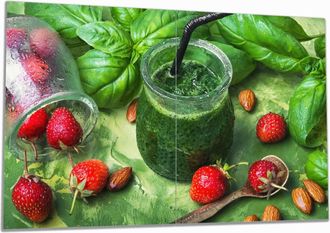 Wallario Herdabdeckplatte/Spritzschutz aus Glas, 2-teilig, 80x52cm, f&uuml;r Ceran- und Induktionsherde, Gr&uuml;ner Smoothie mit Erdbeeren