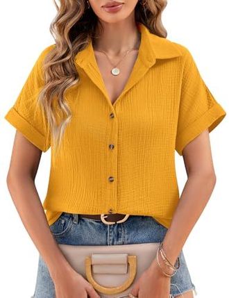 Heekpek Chemisier Femme Chic et &Eacute;l&eacute;gant Tee Shirt Blouses Ete T Shirts &agrave; Manches Courtes Tunique Tops D&eacute;contract&eacute; Col V Haut, Jaune, S