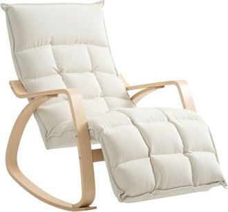 HOMCOM Fauteuil à bascule - HOMCOM - repose-pieds ajustable - pieds en bois de bouleau - tissu en lin - 67 x 106-123 x 92 cm, crème