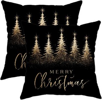 Generic Weihnachts-Kissenbez&uuml;ge, 2er-Set, schwarz-goldener Glitzer, Baum-Kissenbez&uuml;ge, festliche dekorative quadratische Heimdekoration f&uuml;r Sofa, Bett, Couch,