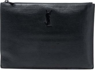 Saint Laurent Clutches - Croc Embossed Leather Monogram Zip Pouch - Gr. unisize - in Schwarz - f&uuml;r Damen