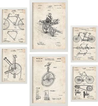 Nacnic Set von 6 Plakaten mit Fahrrad Patenten. Plakate mit Retro-Patentabbildungen. Inneneinrichtung im Vintage-Stil. Grösse A4 und A3. Mit Rahmen