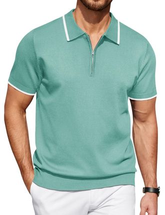 Coofandy Herren-Poloshirt mit Rei&szlig;verschluss, l&auml;ssig, gestrickt, kurz&auml;rmelig, Klassische Passform, T&uuml;rkis/Ausflug, einfarbig (Getaway Solids), Mittel
