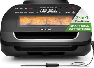 Nutrichef Indoor Smokeless Grill | Smart Grill & Hei&szlig;luftfritteuse mit 7 Kochfunktionen | 6L Kapazit&auml;t | Inklusive Smart-Thermometer | Pr&auml;zise Temperaturkontrol
