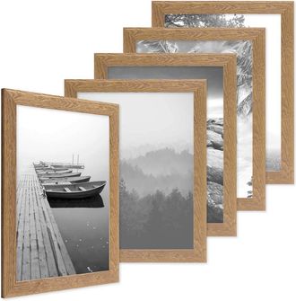 Photolini Bilderrahmen 30x40 cm Holz Eiche-Optik, 5er Set Echtholz-Rahmen rustikal, Strandhaus, Made in Germany, Echtglas, zum Aufhängen, extra Zubehör - Treibh