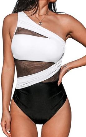 Cupshe Maillot de bain une pièce pour femme - Contrôle du ventre - Col asymétrique froncé - Bretelles en maille, noir/blanc, Taille XS