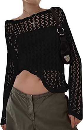 Onsoyours Femme Sexy &agrave; Manches Longues en Maille Fishnet T-Shirt Clubwear Chemisier Blouse D&eacute;contract&eacute; Ample Vintage Y2K Tunique Crop Top Chic C Noir L