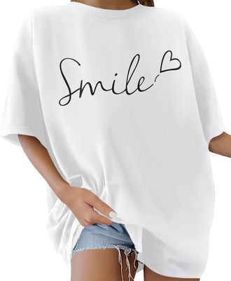 Heekpek T Shirt Damen Oversize Sommer Baumwolle Tshirt Rundhals Locker Lächeln Drucke Kurzarm T-Shirt Übergroße Casual Basic Top, Weiß, XXL