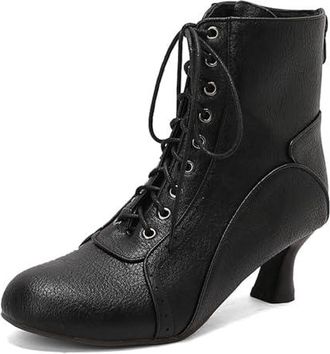 Generic Bottines Style Victorien Femme Talon Bas Moyen &Eacute;pais Bout Rond Lacets Avant Simili Cuir Bottines Courtes pour Cocktail Et R&eacute;ception De Mariage,Noir,42